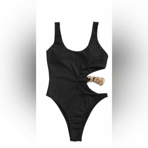 Swim | Classic One Piece Black Bikini Featuring Gold Metal Chain ...